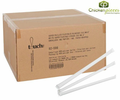 Touch Straw Plastic White Super Flex 8 in. Wrapped 400CT (9/Case)
