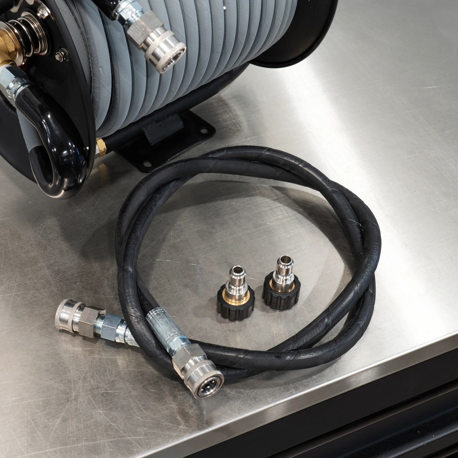 MTM Pressure Washer Hose Reel Kit | 100' Hose and 5' Jumper with QC | The Clean Garage