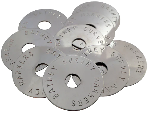 1-1/2" Stainless Steel Disk Survey Washers - Arc Text