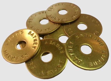 Brass Disk Survey Washers 1-1/2" - Arc Text (Bag of 100)