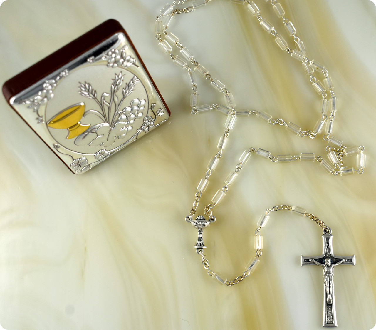 First Communion Clear Bead Rosary & Plaque Gift Set - Our Daily Bread ...