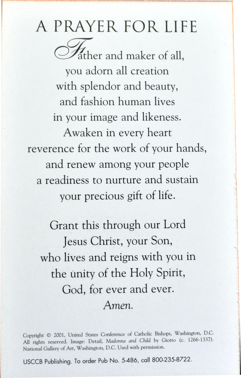 A Prayer for Life Prayer Card - Our Daily Bread Catholic Gifts