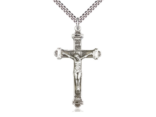 Crucifix Silver-Filled Engraved Medal 24" Heavy Curb Chain