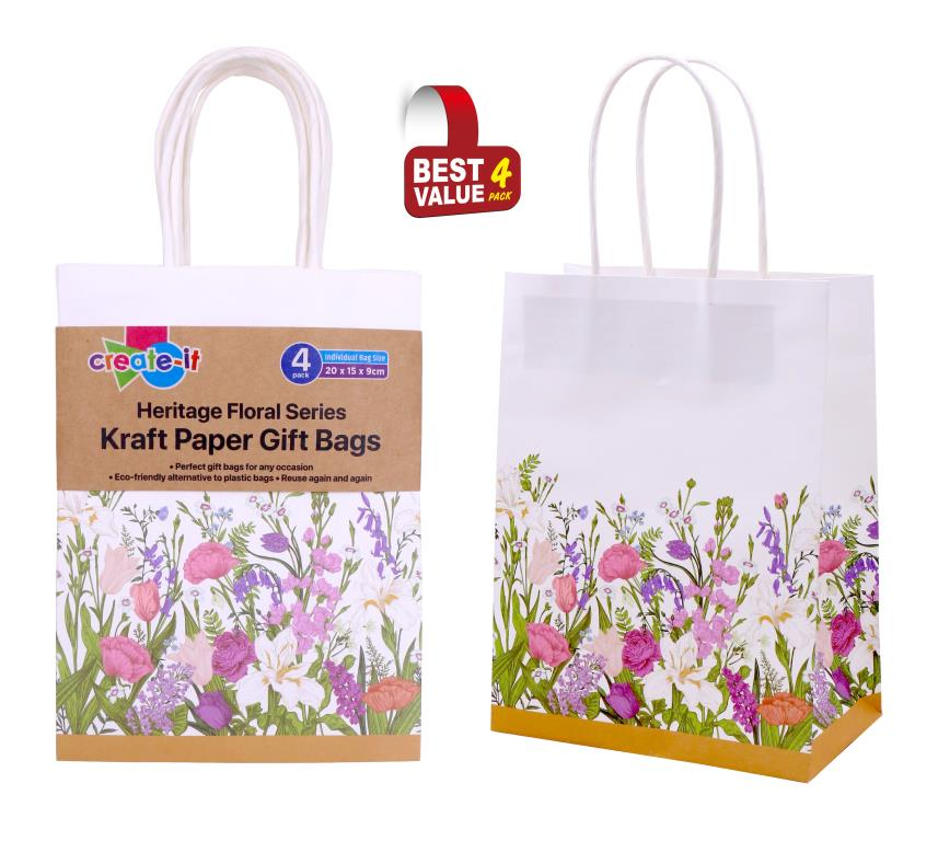 Craft Gift Bags - Heritage Floral Series - 20CM x 15CM x 9CM - 4PK ...