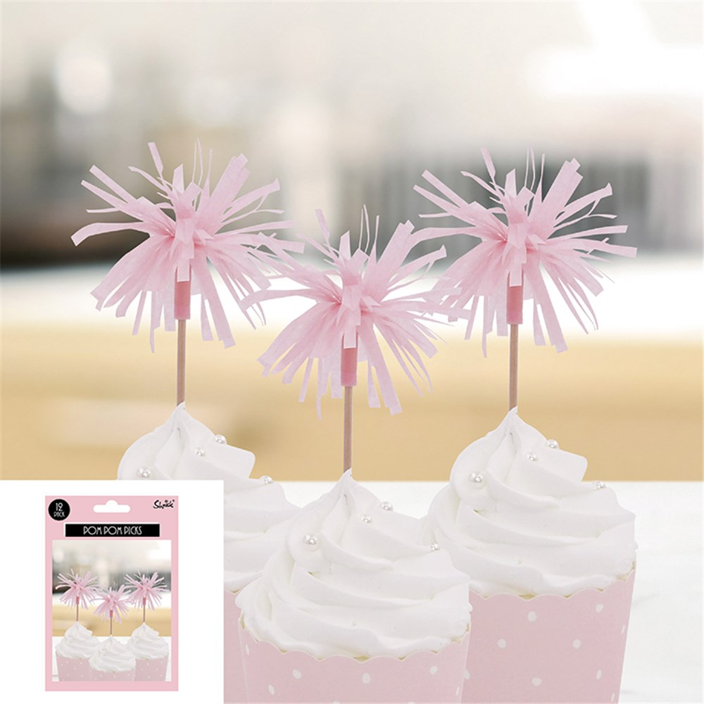 *12PK 13CM PINK POMP POM PICKS - Discount Party World