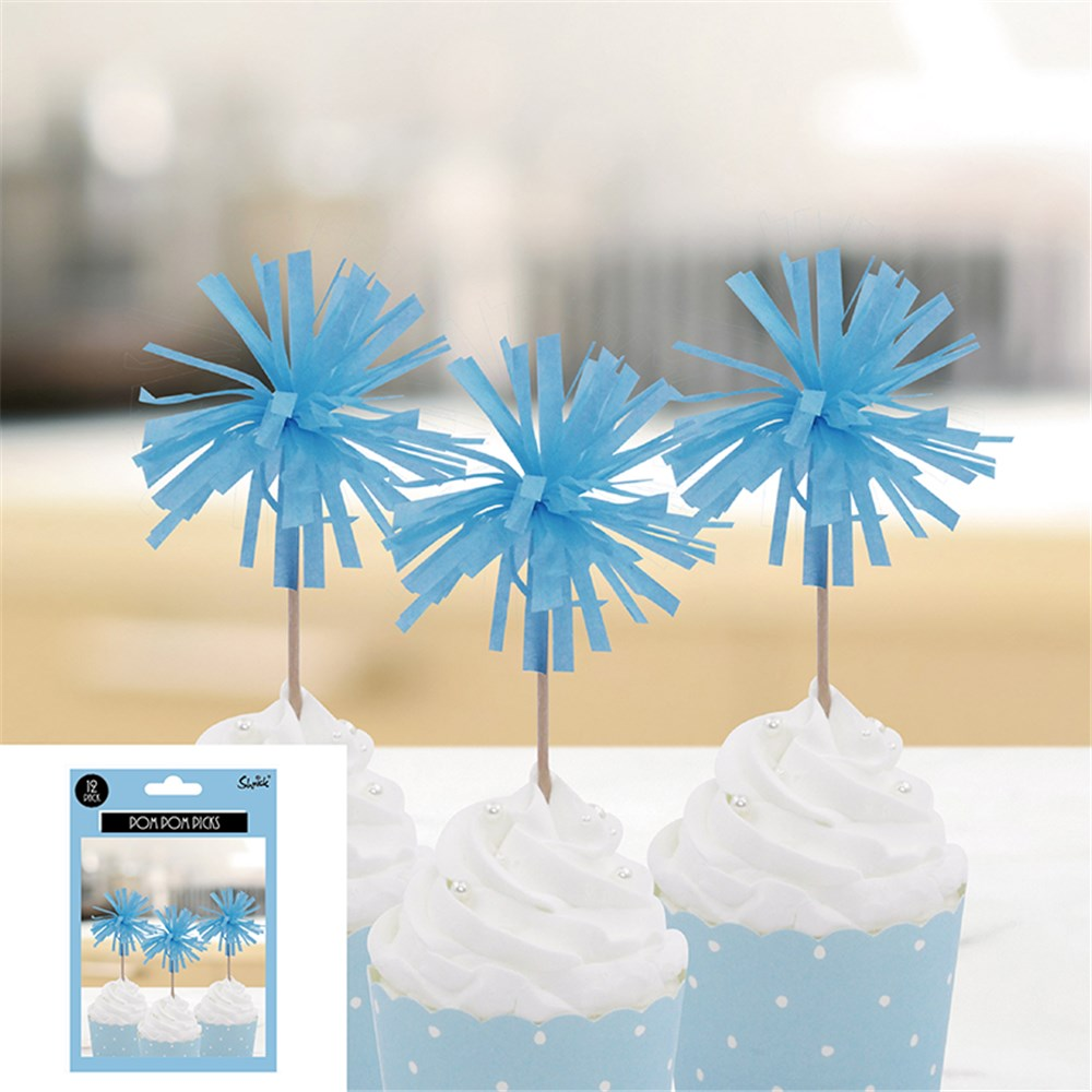 *12PK 13CM BLUE POMP POM PICKS - Discount Party World