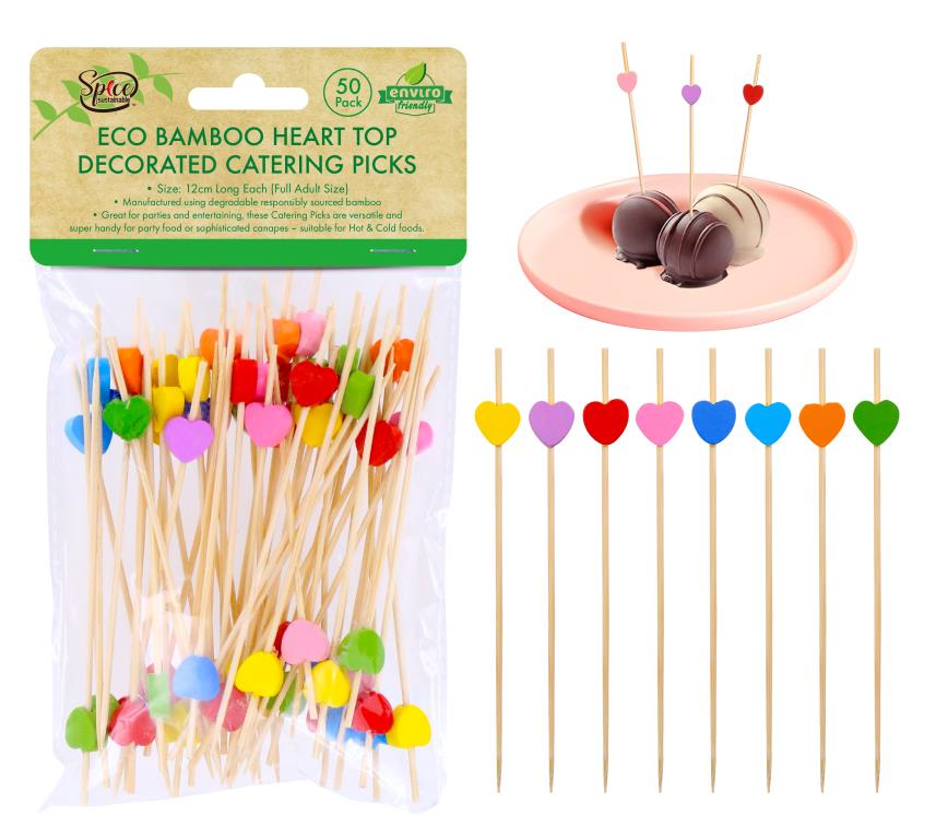 30PK Bamboo Decorated Heart Top Series Picks - Discount Party World