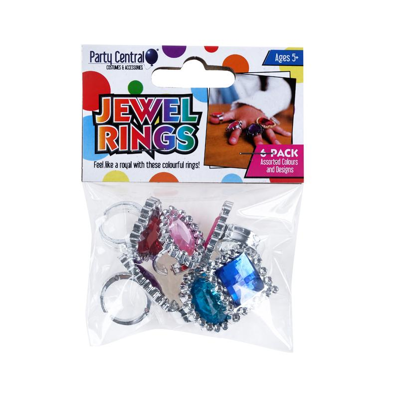 Jewel Rings 6pk - 6 Assorted Colours and Designs Per Pack - Plastic ...