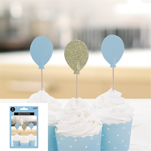 *12PK 10CM BLUE/CHAMPAGNE BALLOON PICKS - Discount Party World
