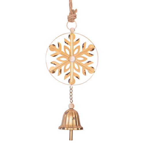 HANGING SNOWFLAKE & BELL GOLD METAL 42CM - Discount Party World