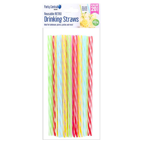 Straws Reusable Retro Stripe 20pk 20cm x 0.8cm - Assorted Colours ...