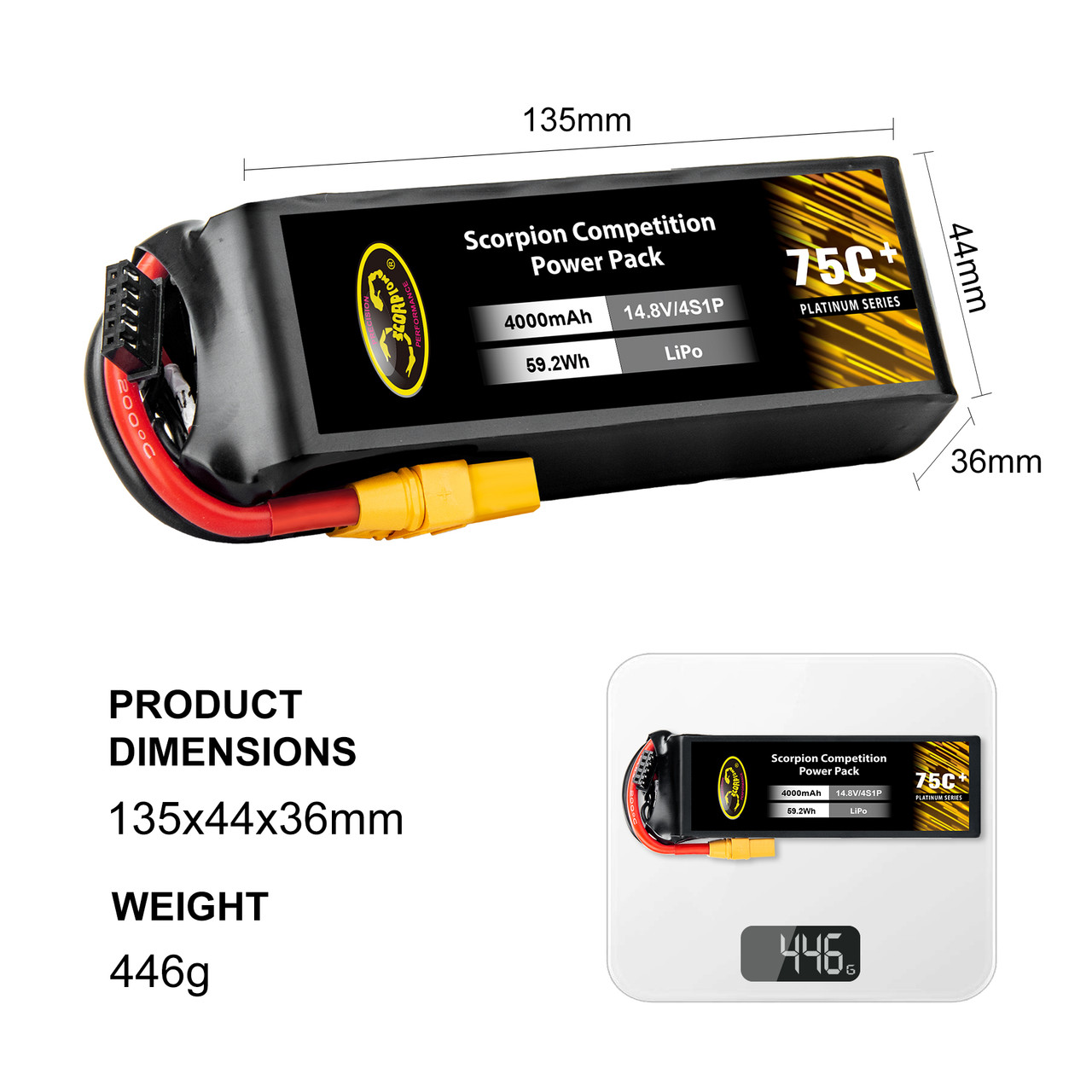 Scorpion Power 4000mAh 75C 14.8V 4S with XT60(2 pack) - Scorpion Power ...