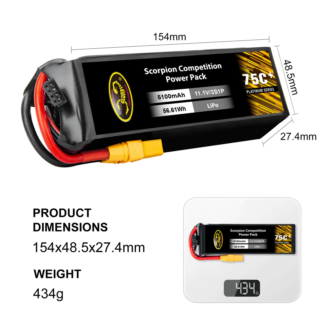 Scorpion Power 5100mAh 75C 11.1V 3S Lipo Battery for RC Car Helicopter ...