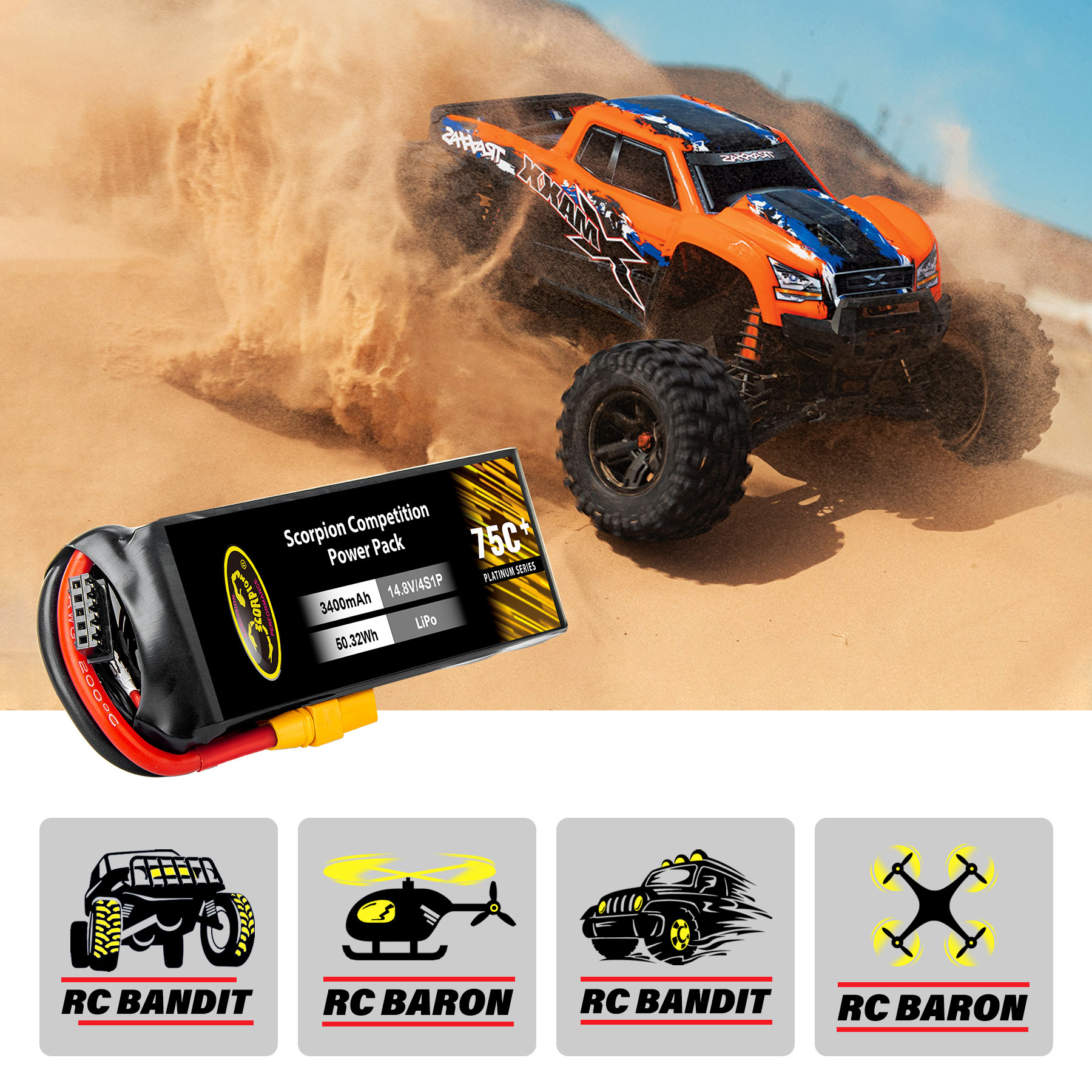 Scorpion Power 3400mAh 75C 14.8V 4S with XT60(2 pack) - Scorpion Power ...