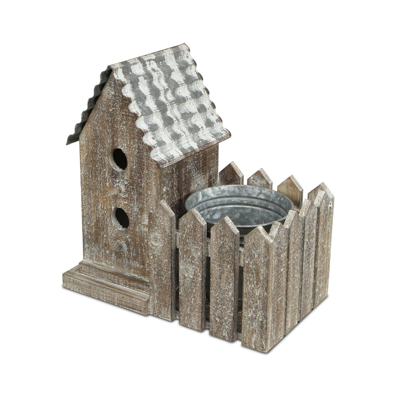 12.5" Brown & Gray 2 Story Bird House with Galvanized Planter Pot ...