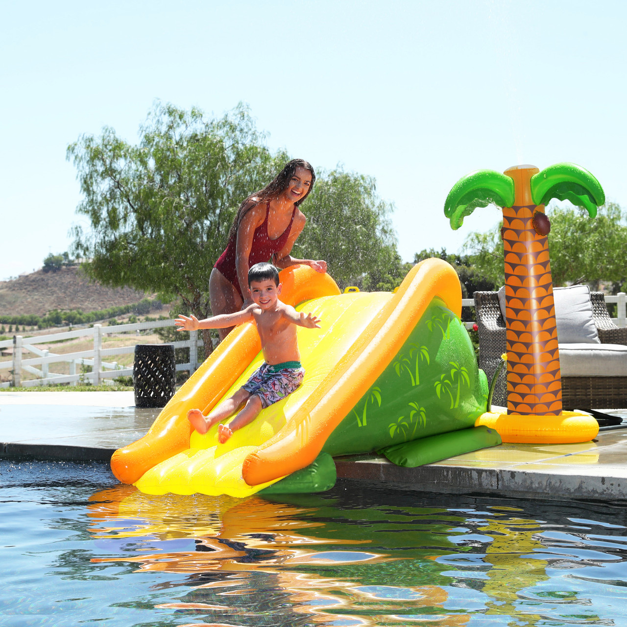 8.5' Inflatable Palm Tree Swimming Pool Slide with Sprinkler | Pool Central