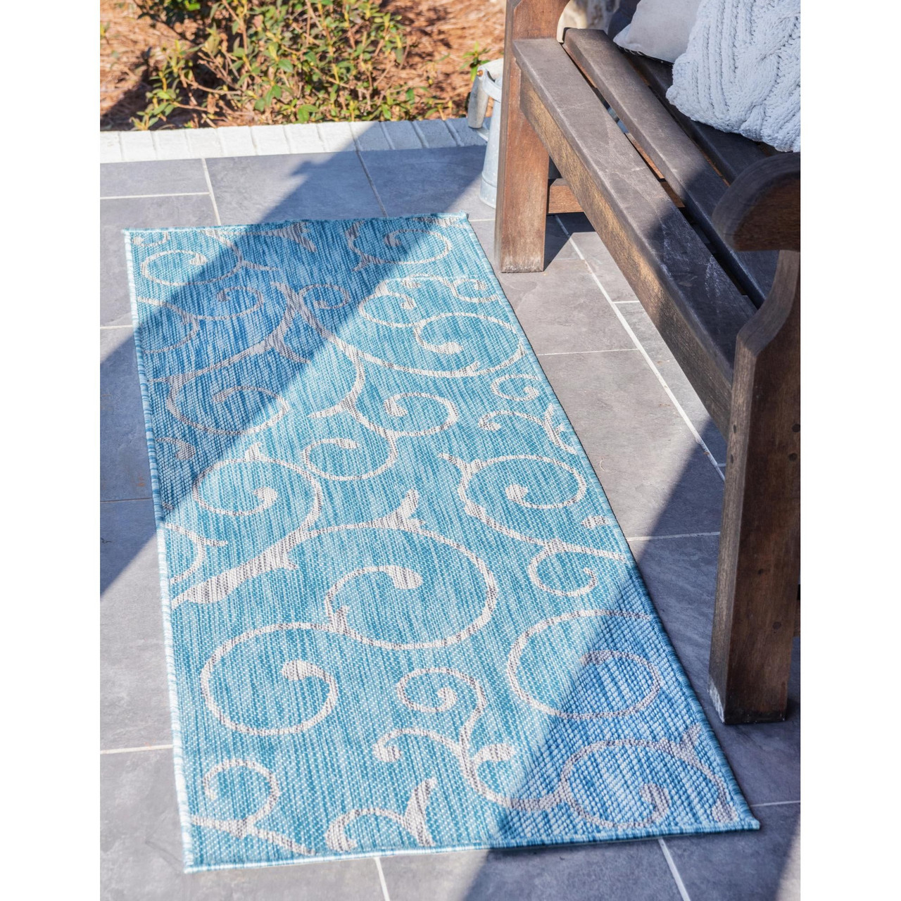 2' x 6' Aqua Blue & Gray Damask Rectangular Outdoor Rug Runner | Pool ...