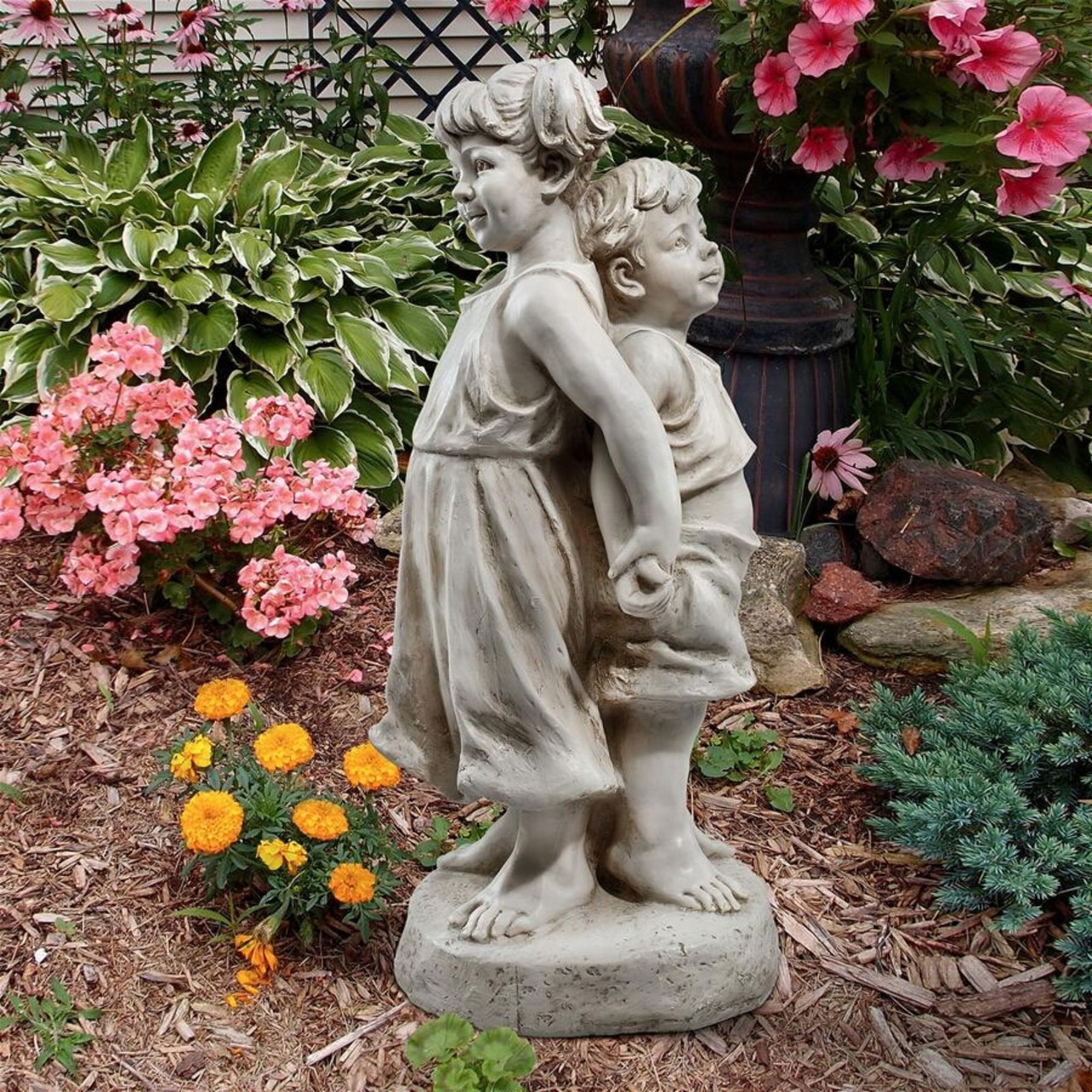 27" Back to Back Brother & Sister Outdoor Garden Statue | Pool Central