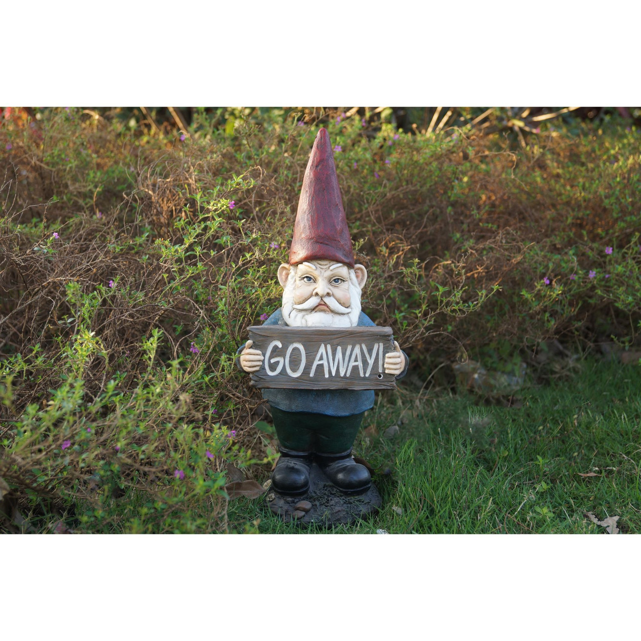 15" Red & Blue Grumpy Gnome with GO AWAY Sign Garden Statue | Pool Central