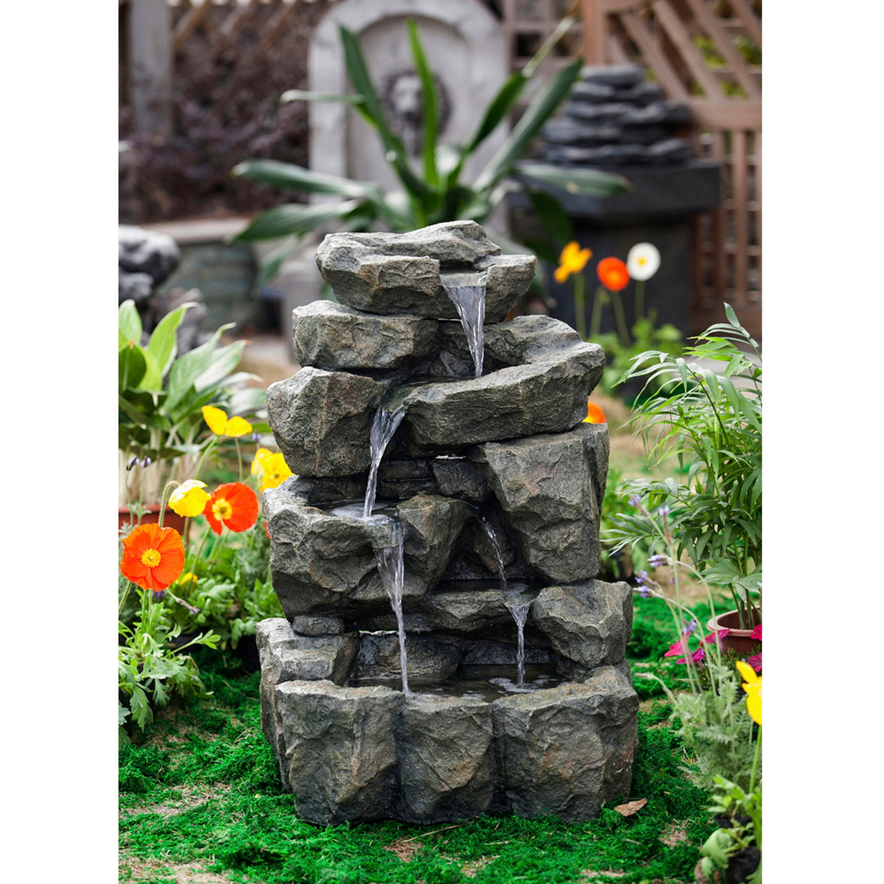 31.9" Staggered Rock Stone Waterfall Outdoor Patio Garden Water ...