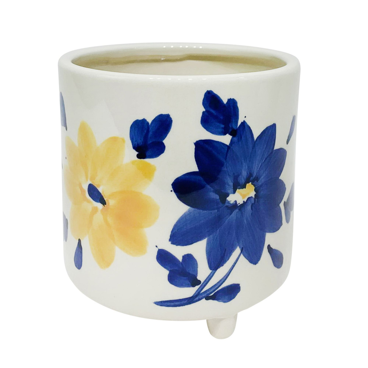 6" White & Blue Floral Footed Ceramic Outdoor Planter | Pool Central