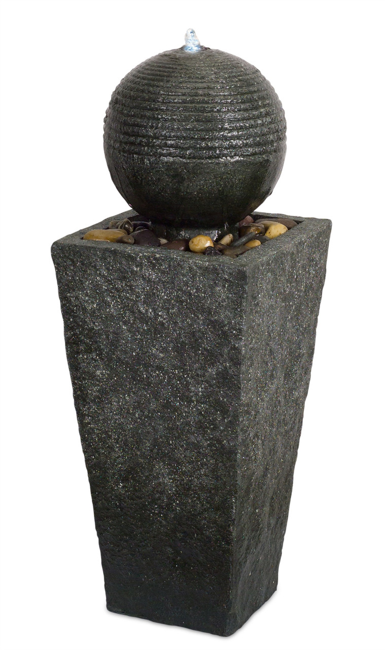 Black Chiseled Stone Design Orb Fountain 32" - LED | Pool Central