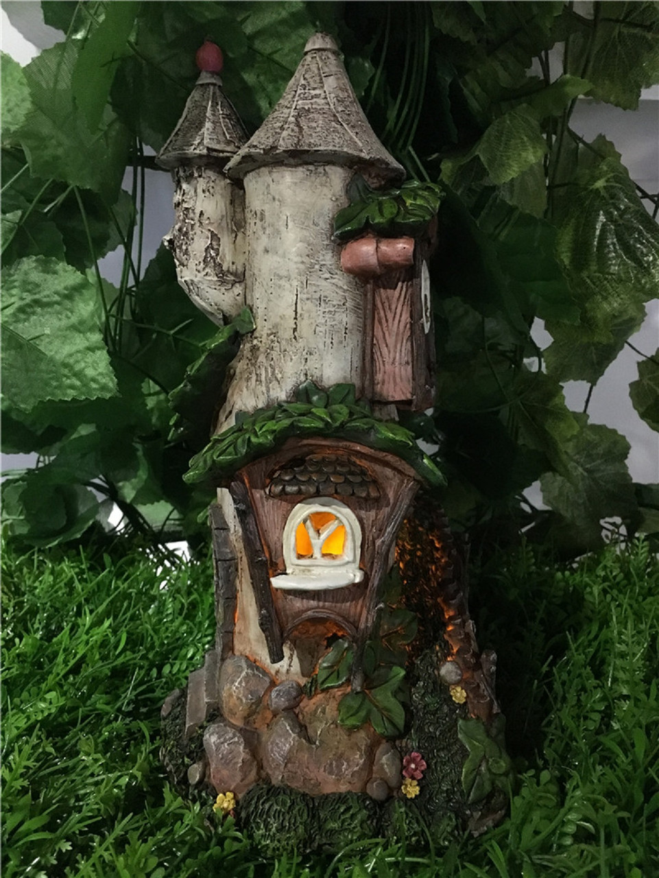 14" Brown & Green Solar Powered Fairy Garden Castle Statue | Pool Central