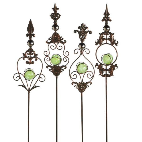 Set of 4 Tall Glow-In-The-Dark Decorative Iron & Glass Garden Stakes ...