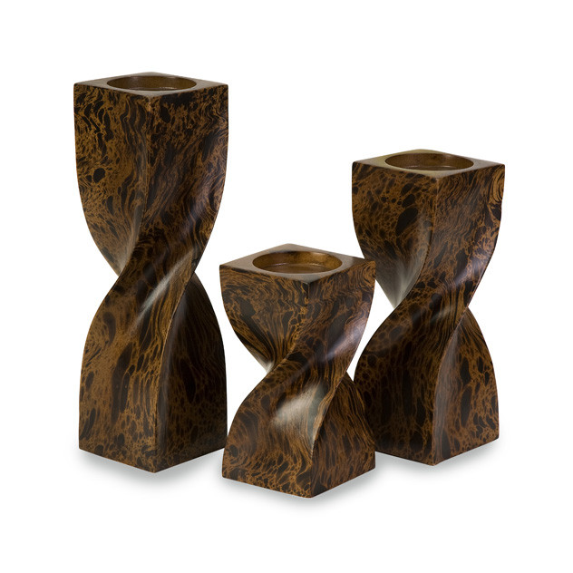 Set of 3 Square Carved Mango Wood Twisting Pillar Candle Holders | Pool ...