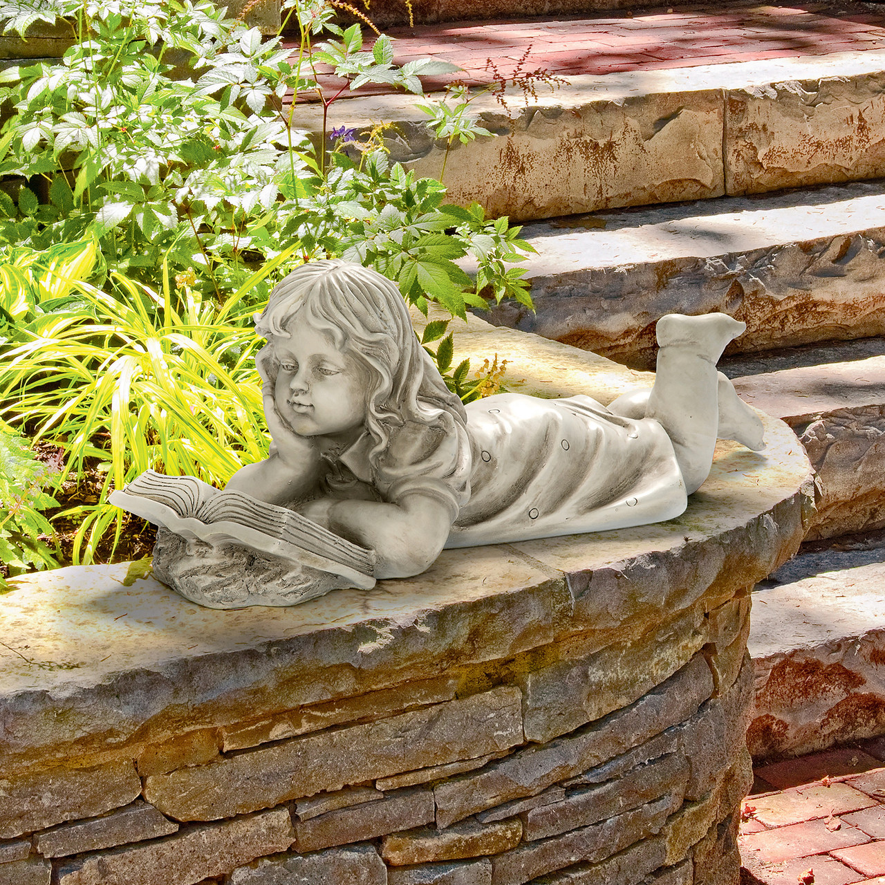 21" Backyard Scholar Little Girl Reading Book Outdoor Garden Statue ...
