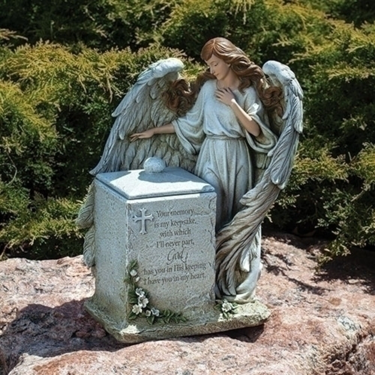 16" Angel with Memorial Box Outdoor Garden Statue | Pool Central