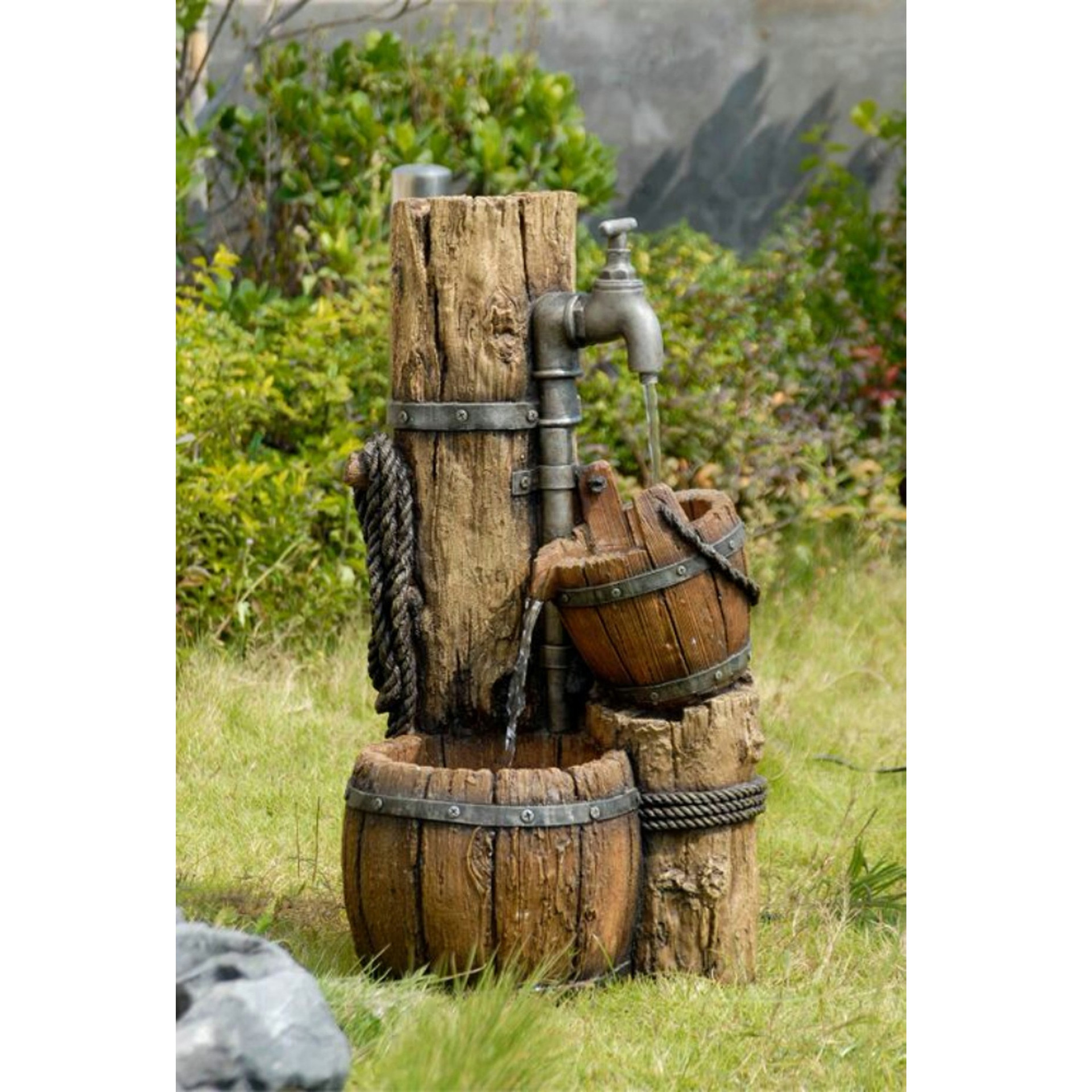 26.8" Western Style Water Pump & Wooden Cask Outdoor Patio Garden Water ...