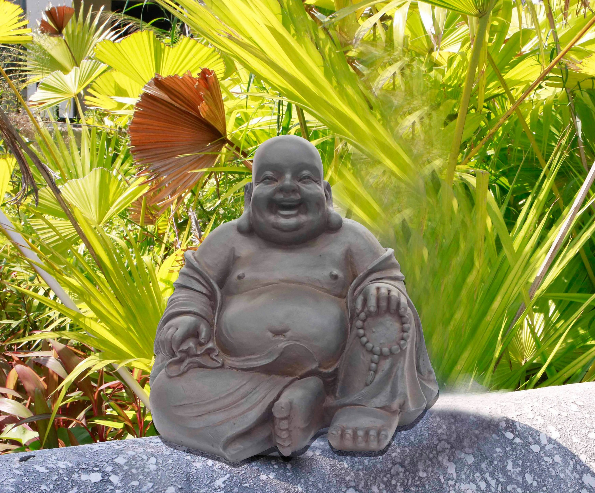 Sitting Happy Faced Buddha Outdoor Garden Statue - 18" | Pool Central