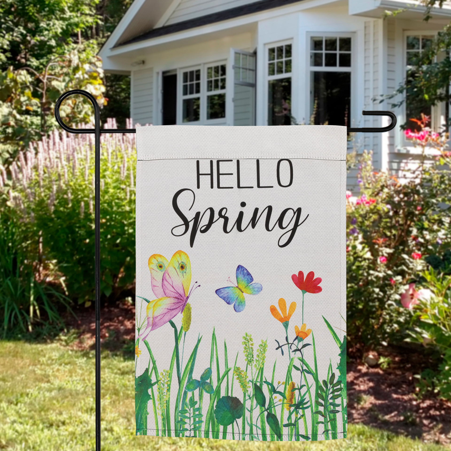 Butterflies & Flowers "Hello Spring" Outdoor Garden Flag 18" x 12.5 ...