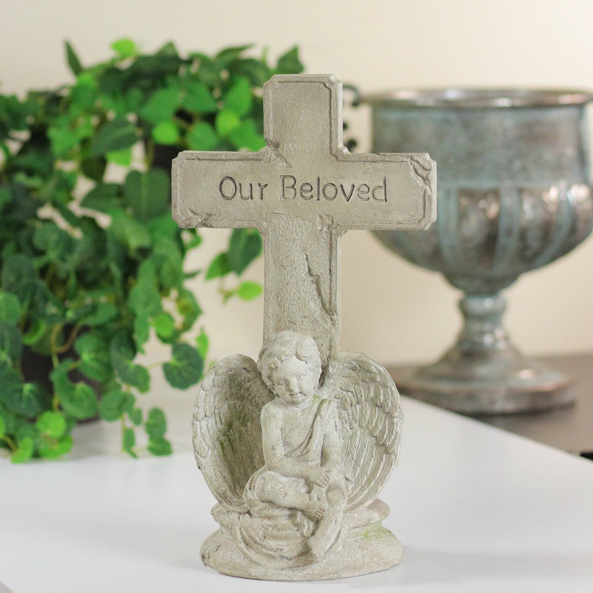 11.75" Sandy Brown "Our Beloved" Cross with a Seated Angel Religious ...
