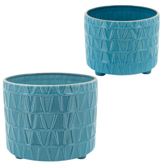 Set of 2 Sky Blue Ceramic Footed Etched Planters 12" | Pool Central