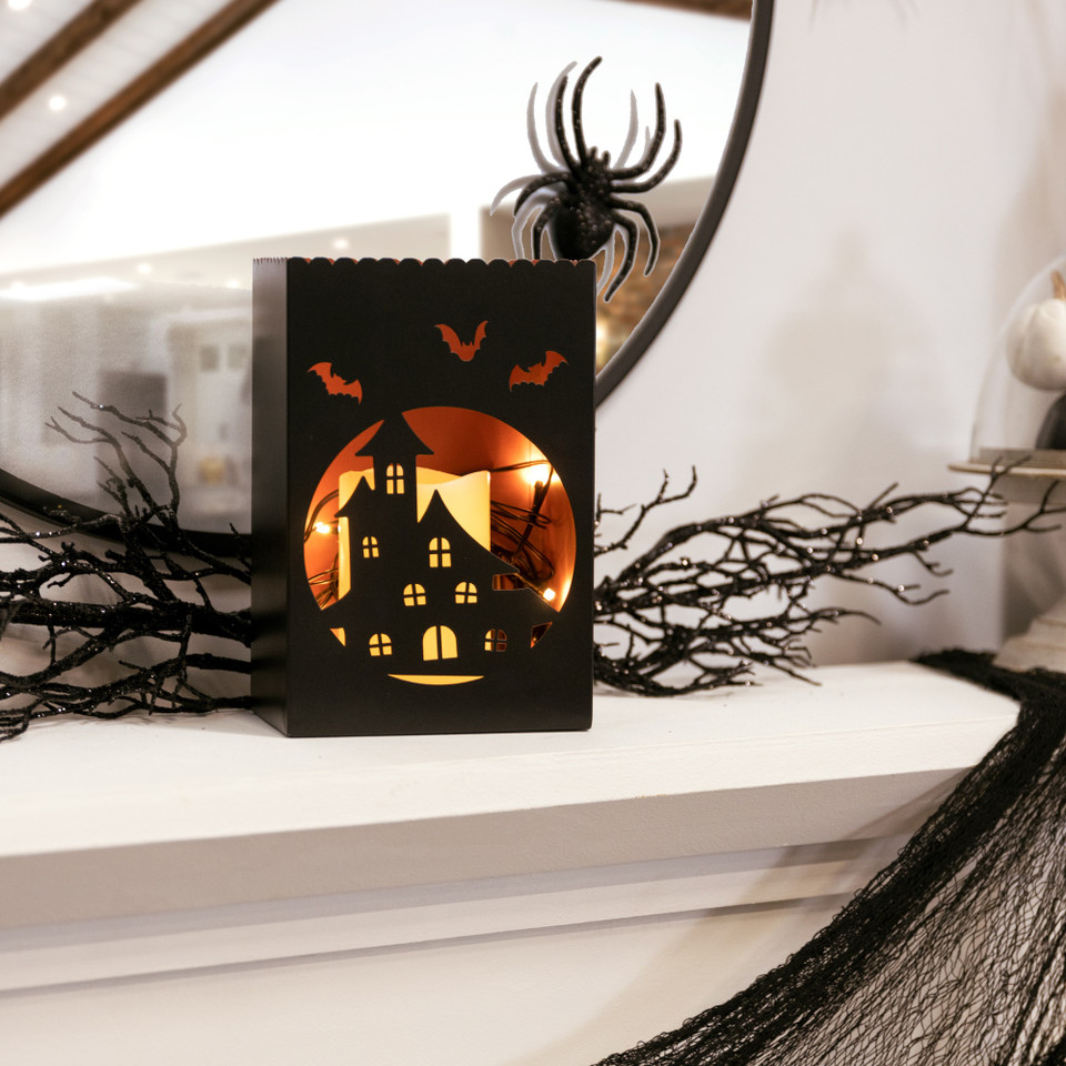 Cut Out Haunted House & Bat Halloween Candle Lantern - 9" - Black ...