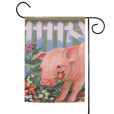 Cute Pig Holding a Flower Outdoor Garden Flag 18" x 12.5" | Pool Central