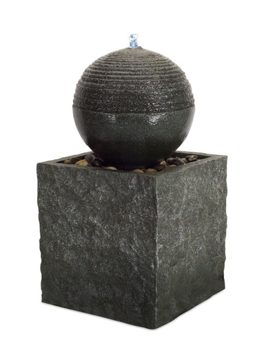 25" Black Chiseled Stone Design Orb Fountain with LED Light on Top ...