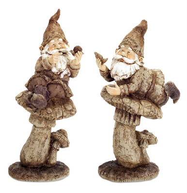 14" Set of Happy Looking Garden Gnomes Perched on a Mushroom Holding ...