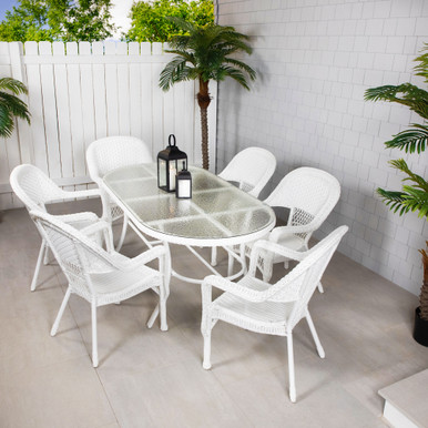 7-Piece White Resin Wicker Outdoor Dining Set | Pool Central