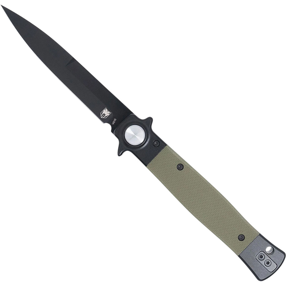 Stiletto Button Lock Knife, OD Green w/ Black Titanium Coated Blade