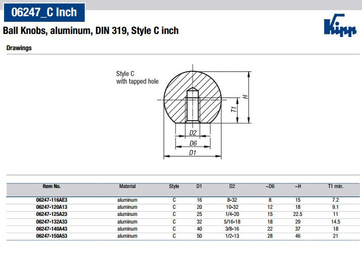 Kipp #8-32 Inside Diameter, 16 mm Diameter, Ball Knob DIN 319, Aluminum, Style C (1/Pkg.), K0650 ...