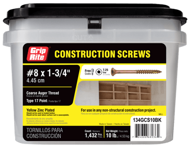 Grip Rite #8 x 1-3/4" Interior General Construction Screws, Gold (10 lb ...