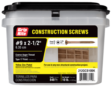 Grip Rite #9 x 2-1/2" Interior General Construction Screws, Gold (10 lb ...