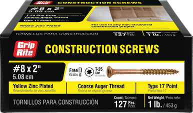 Grip Rite #8 x 2" Interior General Construction Screws, Gold (1 lb Pack ...