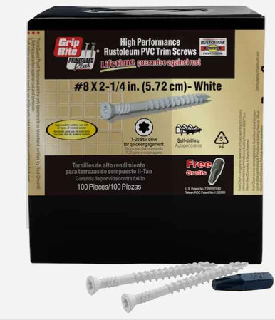 Grip Rite #8 x 2-1/4" PVC and Vinyl Trim Head Screws, Star Drive, Type ...