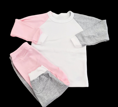 Light Grey and pink Long Raglan Sleeve Pyjama Set **UK MADE**