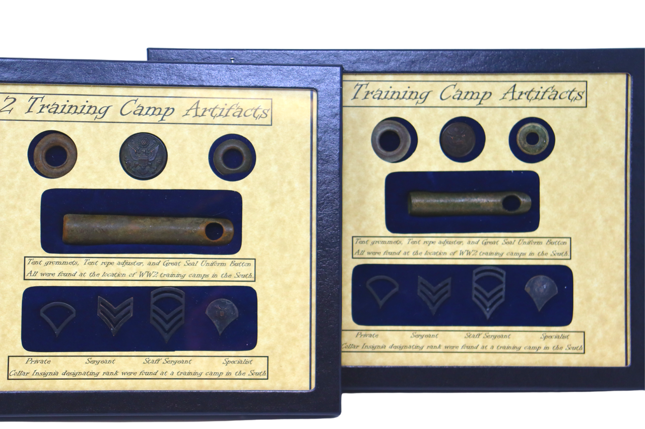 WW2 Camp Artifacts and Metal Collar Insignias with Display Case and COA ...