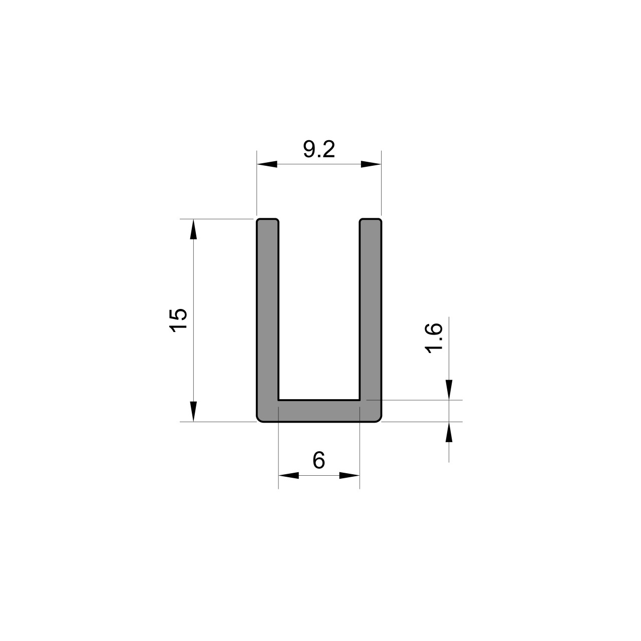 Square Rubber U Channel (6mm Panel Gap x 15mm High)